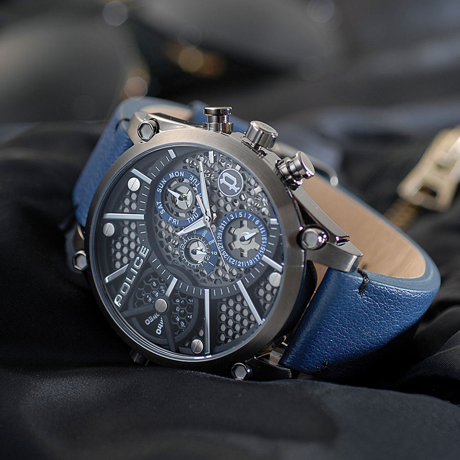 Police Vigor Gunmetal Blue Leather Men's Watch | Australia – Silver Steel